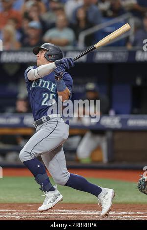 Seattle Mariners' Dylan Moore hits a single against the Houston Astros ...