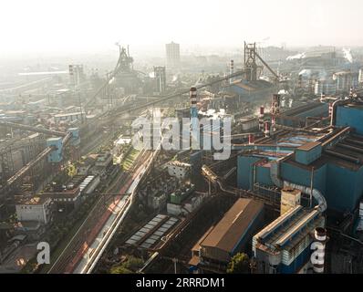 An aerial view of the Wuhan Iron and Steel Plant in the early morning ...