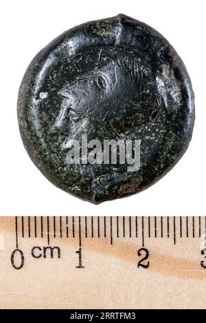 Ancient Greek Drachma copper coin with the image of Dionysus I and two ...