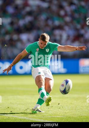 Ireland's Jack Crowley kicks a conversion during the Six Nations rugby ...