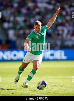 Ireland's Jack Crowley kicks a conversion during the Six Nations rugby ...