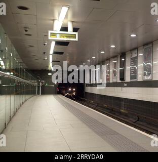 SPT subway train approaching Glasgow Ibrox underground station on the ...