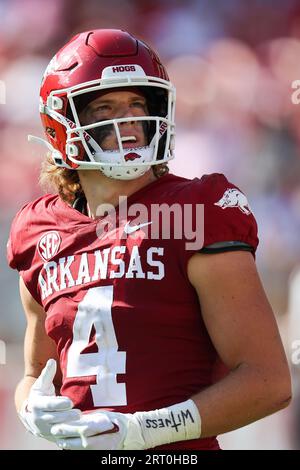 Arkansas wide receiver Isaac TeSlaa speaks during a press conference at ...