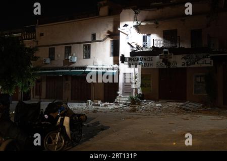 Marakkesh, Morocco. 10th Sep, 2023. Damaged buildings around the square ...