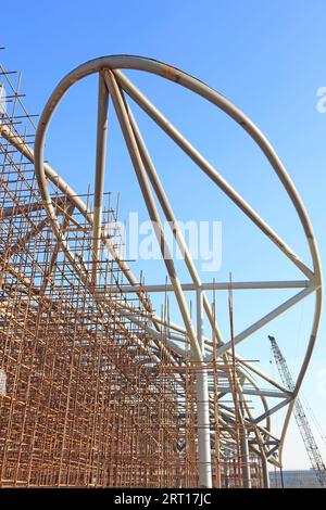 Arc steel tube landscape architecture in a construction site Stock ...