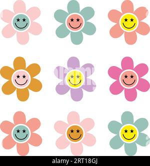 Groovy retro clipart with daisy flower. 60s, 70s, 80s cartoon style ...