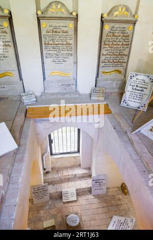 Crypt house with recovered grave slabs at the cemetery in Bad Muskau ...