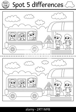 Scene with children and school bus on the road illustration Stock ...