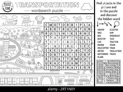 Vector transportation wordsearch black and white puzzle for kids ...
