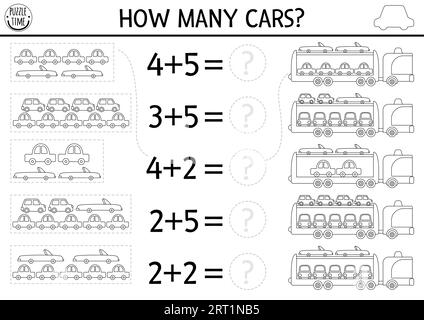 How many cars black and white game. Transportation line math addition ...