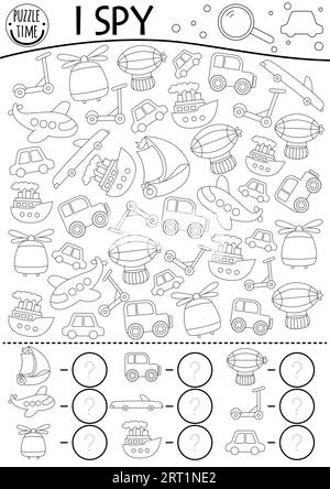 Transportation I spy black and white game for kids in vehicles shape ...