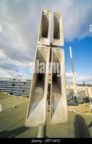 Siren system on a high-rise building in Dresden. It is used to warn the ...