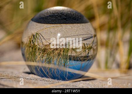 Glass round ball on the beach reflects the sea in summer at sunset ...