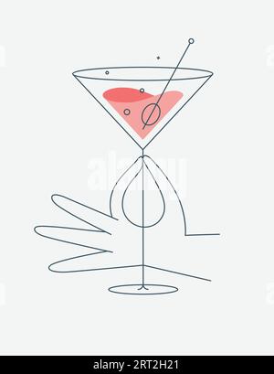 Hand holding glass of cosmopolitan cocktail drawing in flat line style ...