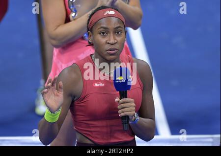 Coco Gauff of the U.S. speaks after winning the second round women's ...