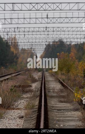 Empty abandoned train tracks leading into the distant vanishing point ...