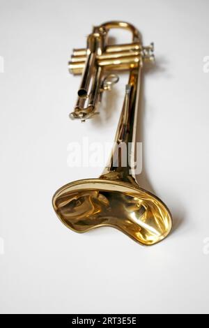 Damaged brass trumpet with squashed bell and loss of tubing. Musical ...