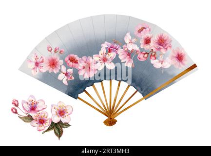 Watercolor illustration of a gray open paper fan with cherry blossoms ...