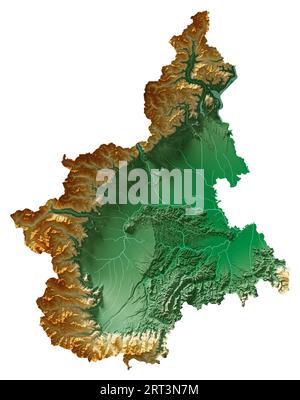 Piemonte, region of Italy. Colored elevation map with lakes and rivers ...