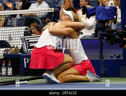 Gabriela Dabrowski and Erin Routliffe in action during a women's doubles semifinal match at the ...