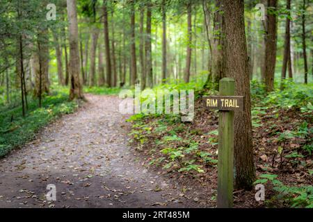 Brown rustic wooden sign noting RIM TRAIL with a walking path extending ...