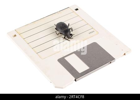 Bug on retro floppy diskette. Computer error concept. Isolated on white background Stock Photo ...