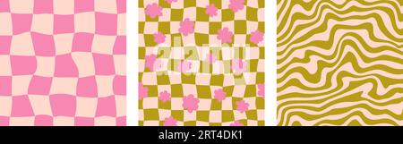 Groovy checkerboard and daisies seamless background set. Repeating ...