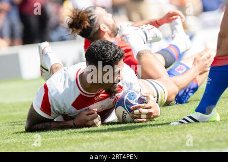 Japan's Amato Fakatava scores their team third try during the 2025 ...