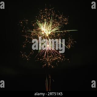 celebrating multiple bright yellow and green fireworks at night Stock ...