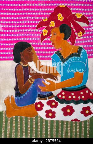 primitive child like, old african painting on canvas of a mother with ...
