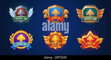 Game level up badges, award icons. Cartoon vector online gamer reward ...