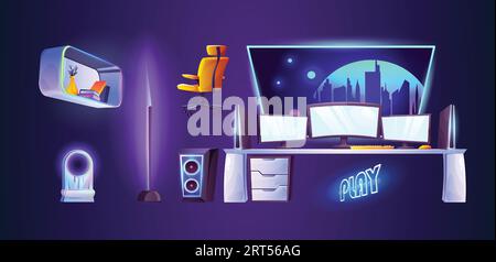 Game streamer room design elements isolated on white background. Vector ...
