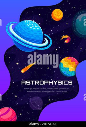 Cartoon astrophysics poster with space planets in starry galaxy, comet ...