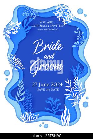 Wedding invitation with sea paper cut landscape and seaweed silhouettes ...