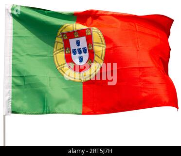 Beautiful large Portuguese flag waving in the wind against blue sky ...