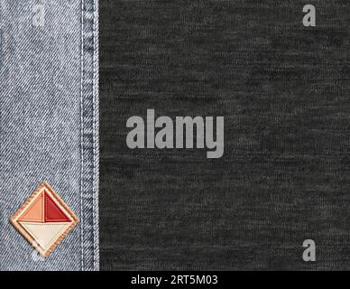 Blue denim borders with a seam and leather label. Light blue color ...