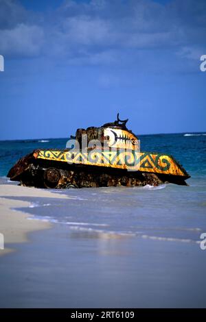 Puerto Rico, Culebra Island, Playa Flamenco, view of green coastline ...