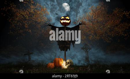 Halloween scarecrow with pumpkin head and glowing eyes in the cemetery ...