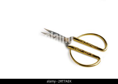 Small scissors with large golden handles on a white background Stock ...