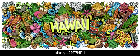 Vector illustration with Hawaii theme doodles. Vibrant and eye-catching ...