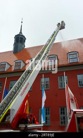Fire fighter practicing rescue action Stock Photo - Alamy