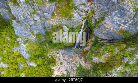Aerial view of Grunas Waterfall in Theth National Park, Albania ...