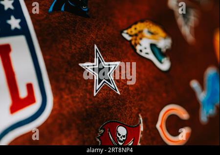 Detailed view of an NFL Super Bowl LX branded football at the Golden ...