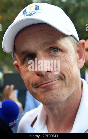 Team Europe Captain Luke Donald celebrates with the Ryder Cup Trophy ...