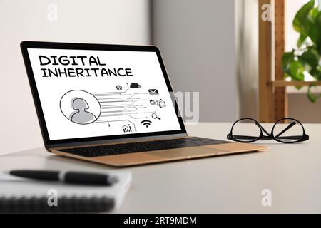 Text Digital Inheritance and many different icons on black background ...
