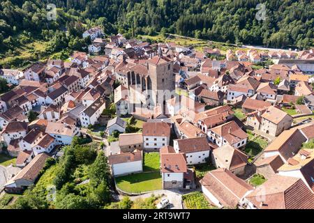 Dense urban development of medieval Spanish town of Isaba, view from ...