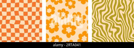 Groovy checkerboard and daisies seamless background set. Repeating ...