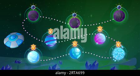 Space game level background with crystal platforms, flying rocket and ...