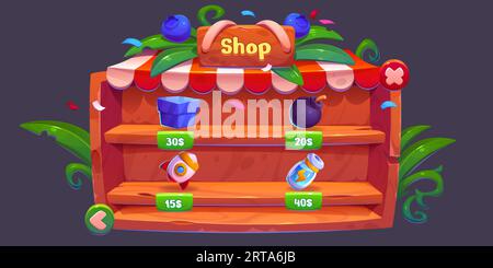 Game shop frame with assets on wooden shelves. Vector cartoon ...