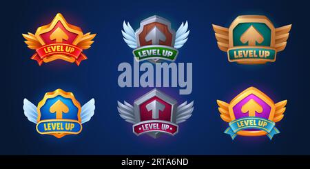 Game level complete or level up badge icons. Videogame win symbols, gambling app victory vector ...